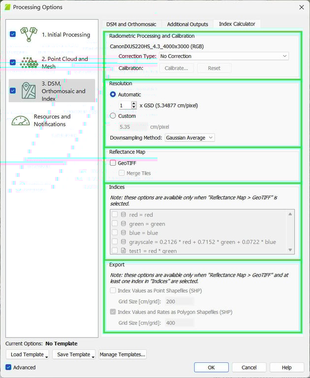 Menu Process > Processing Options... > 3. DSM, Orthomosaic and Index > Index Calculator ...